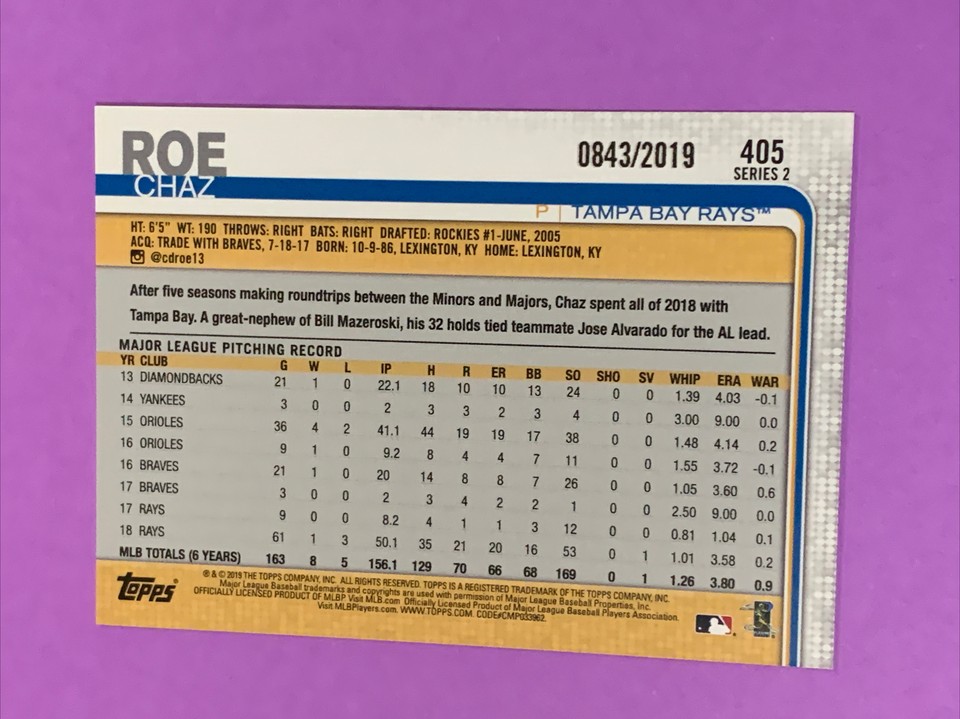 2019 Topps Series 2 Chaz Row 843/2019 Gold #405 Tampa Bay Rays | eBay