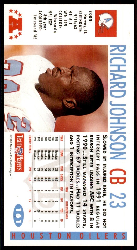 1992 GameDay Richard Johnson Houston Oilers #161 NFL Football Oversize ...