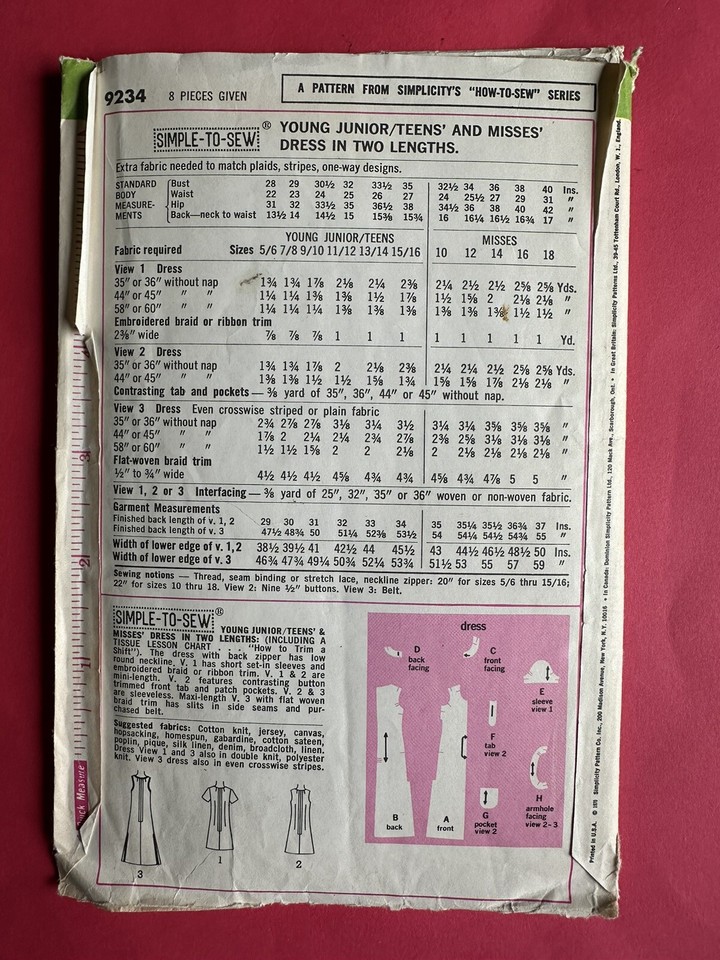 Simplicity 9234 Vintage 70’s Misses Dress Sewing Pattern 10 Two Lengths ...