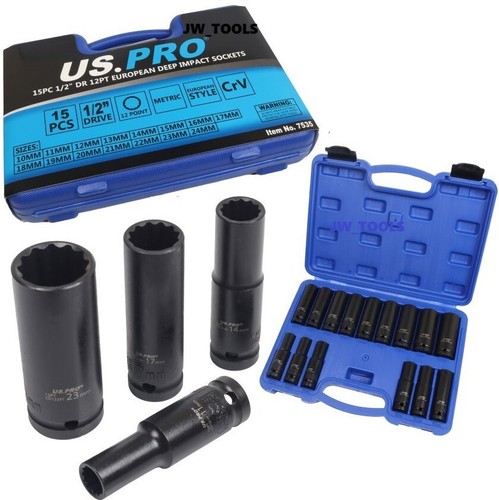US PRO 15pc Deep Impact Socket Set 10mm-24mm 1/2" Drive Bi 12 Point ...