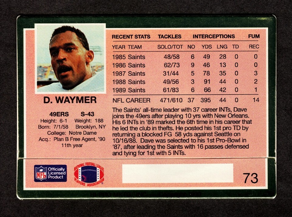 1990 ACTION PACKED #73 DAVE WAYMER -NEW ORLEANS SAINTS - SAN FRANCISCO ...
