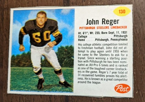 1962 POST CEREAL FOOTBALL #130 JOHN REGER EX+ | eBay