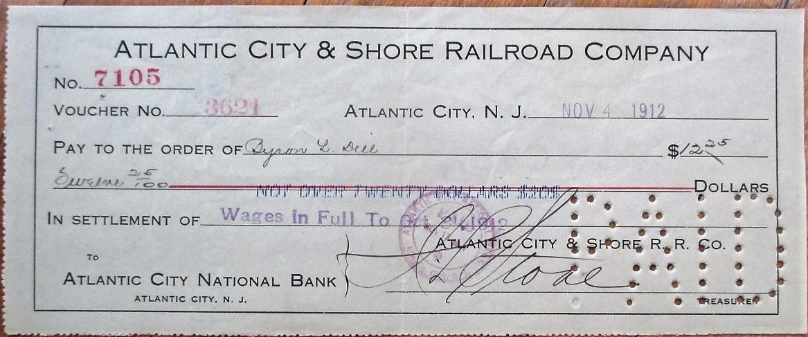 Atlantic City & Shore Railroad Company 1912 Bank Check/Cheque - New ...