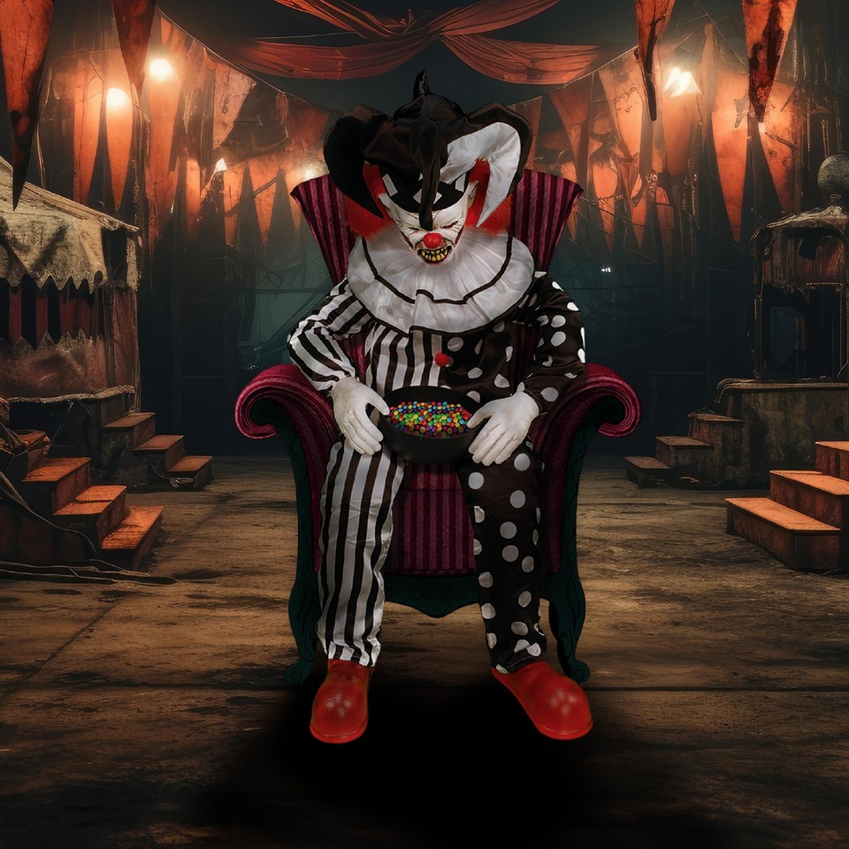 54 Inch Sitting Scare Clown Halloween Animatronic Motion Activated Prop ...