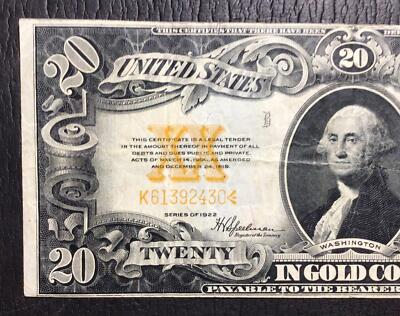 1922 $20 US "GOLD Certificate" VF! "LARGE SIZE" "High in Demand" Old ...