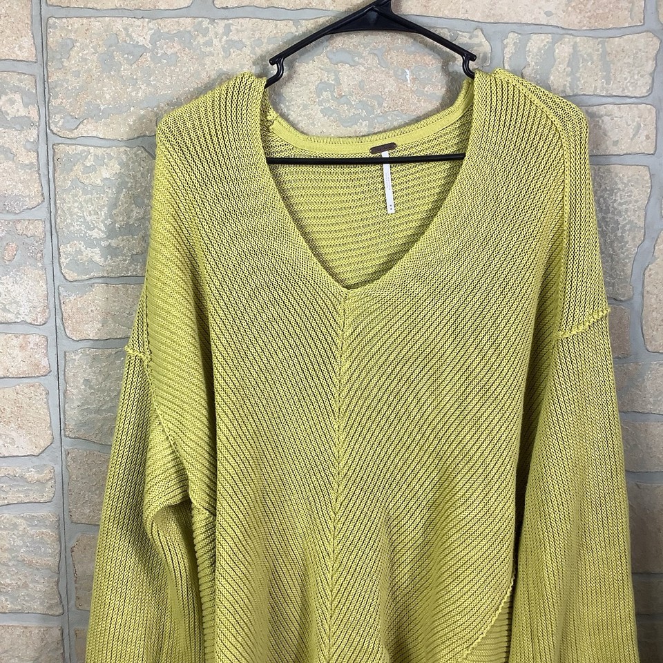 Free People La Brea Sweater Size Medium Yellow Green Oversized Ribbed V ...