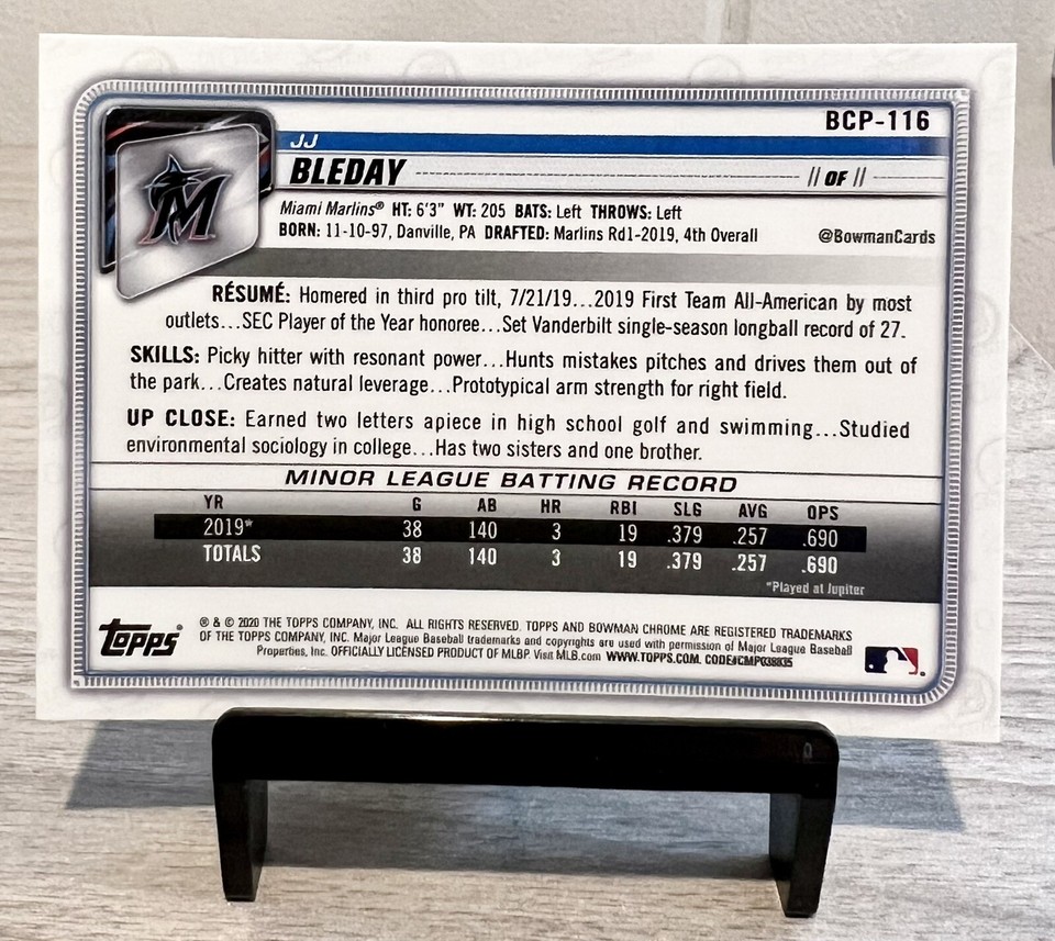 JJ Bleday 2020 Bowman Card #BCP-116, Mega Box Refractor, Chrome MOJO | eBay