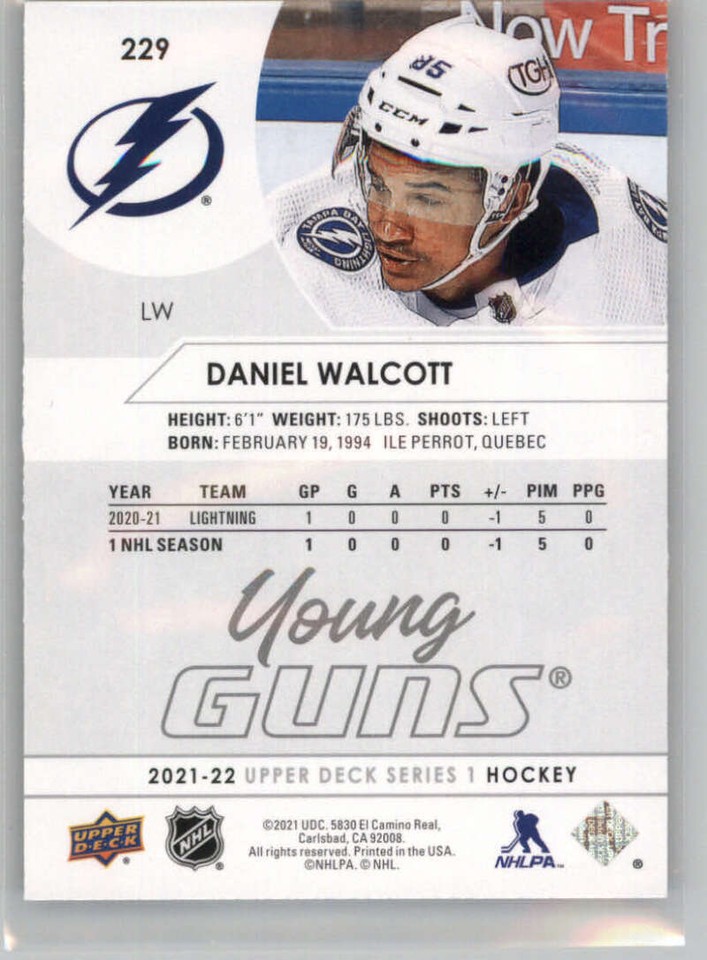 DANIEL WALCOTT RC 2021-22 Upper Deck #229 ROOKIE Lightning Young Guns N ...