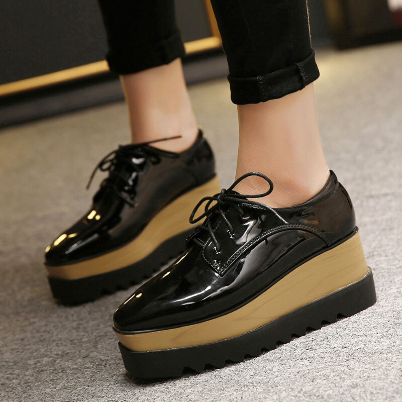 Women Fashion Lace Up Slope Thick Soled Platform Shoes Casual Pu ...