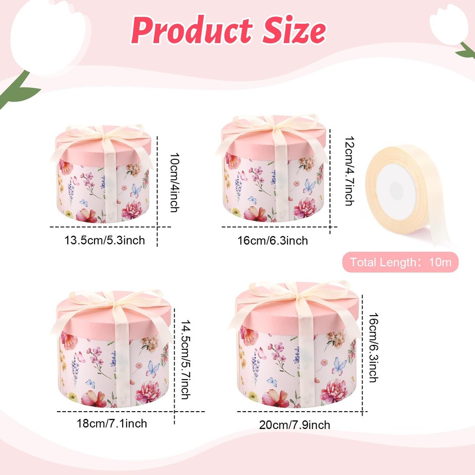 4 Pcs Assorted Sizes Round Gift Boxes with Lids and Ribbons Flower ...