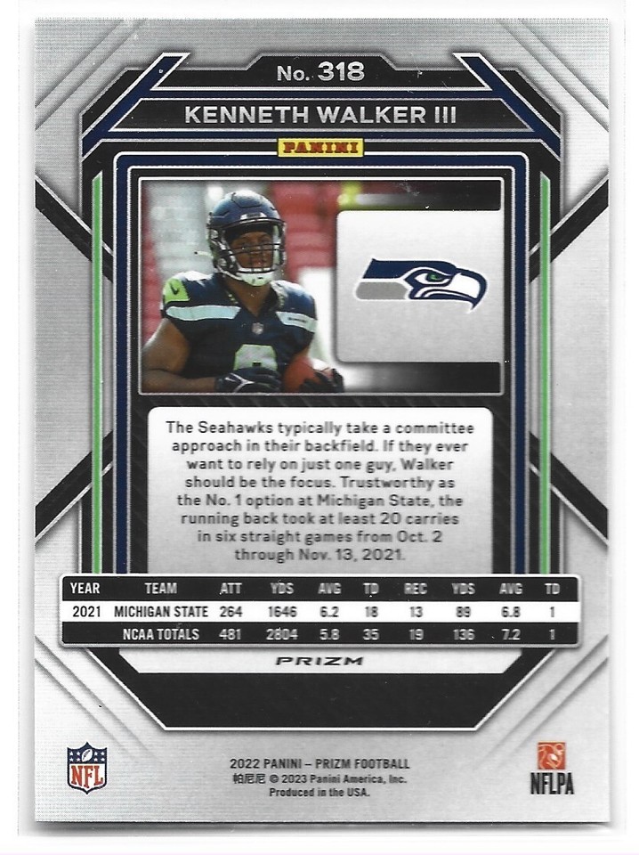 Kenneth Walker III - 2022 Panini Prizm #318 Silver Prizm ROOKIE ...