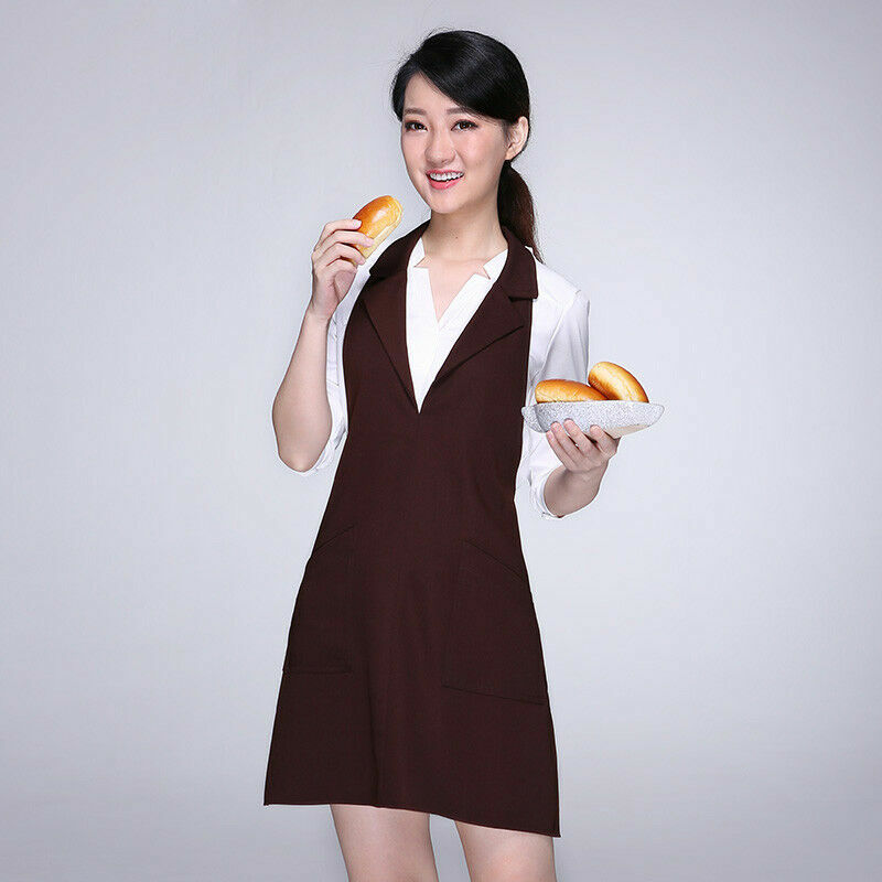 Lady Bib Apron With Collar Pocket Solid Chef Apparel Maid Vest workwear ...