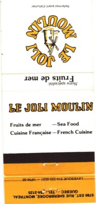 Quebec Canada Le Joli Moulin Seafood French Cuisine Vintage Matchbook ...