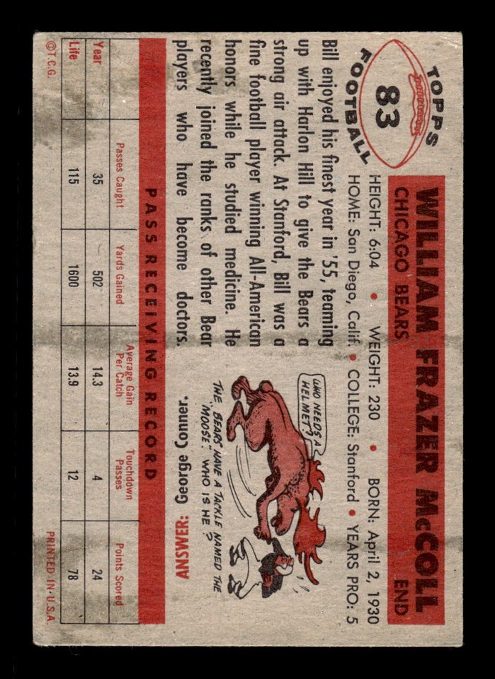 1956 Topps Football #83 Bill McColl Chicago Bears | eBay