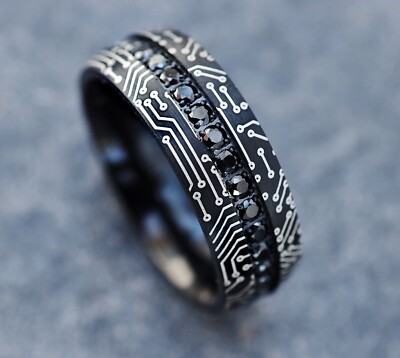 Engraved Circuit Board Ring. Black Diamond Tungsten Ring Domed Brushed ...