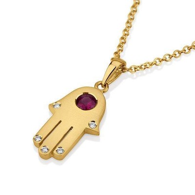 Hamsa Jewish Pendant Necklace In 18K Yellow Gold Diamond and Ruby Solid ...