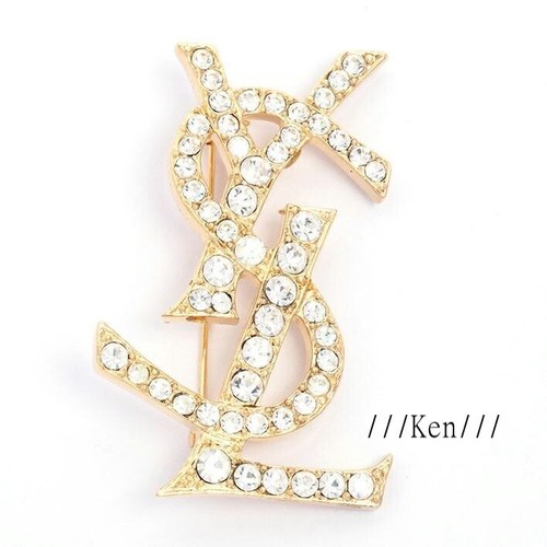 YVES SAINT LAURENT YSL Brooch Gold Plated Logo Pin Brooch Rhineston GP ...