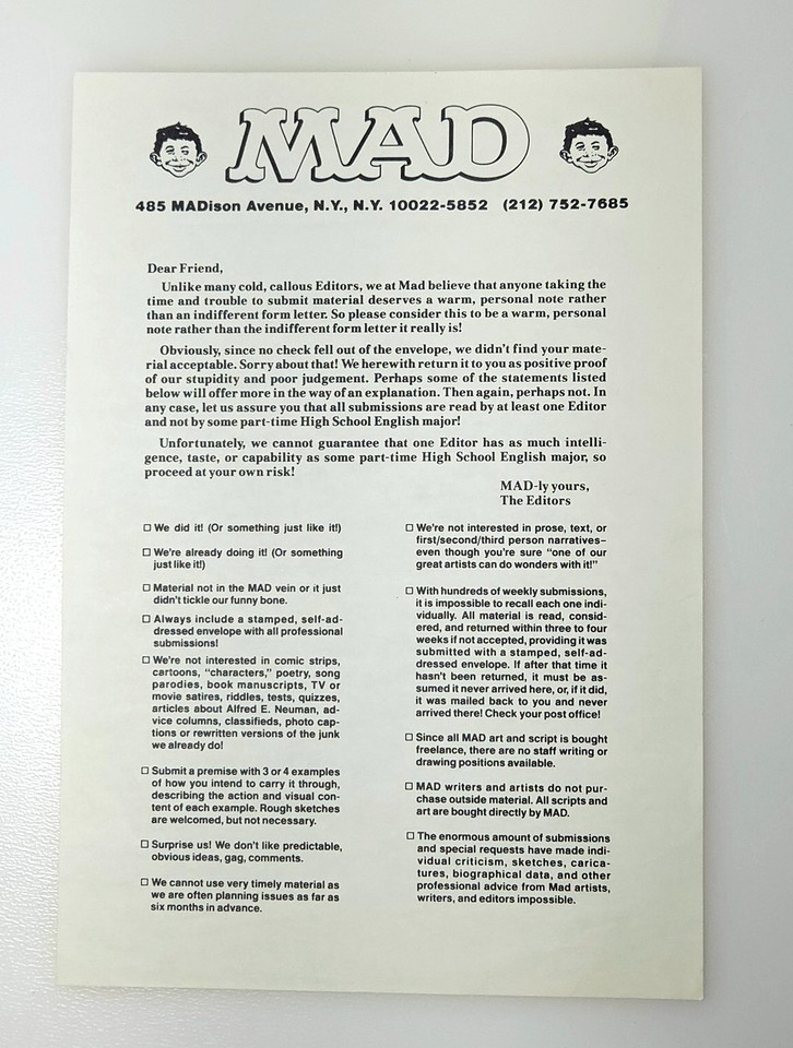 MAD Magazine Vintage Rejection Letter! Authentic Original Editorial ...
