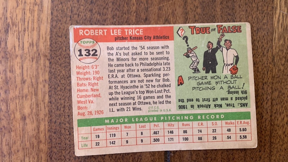 1955 Topps Set-Break #132 Bob Trice Kansas City Athletics | eBay
