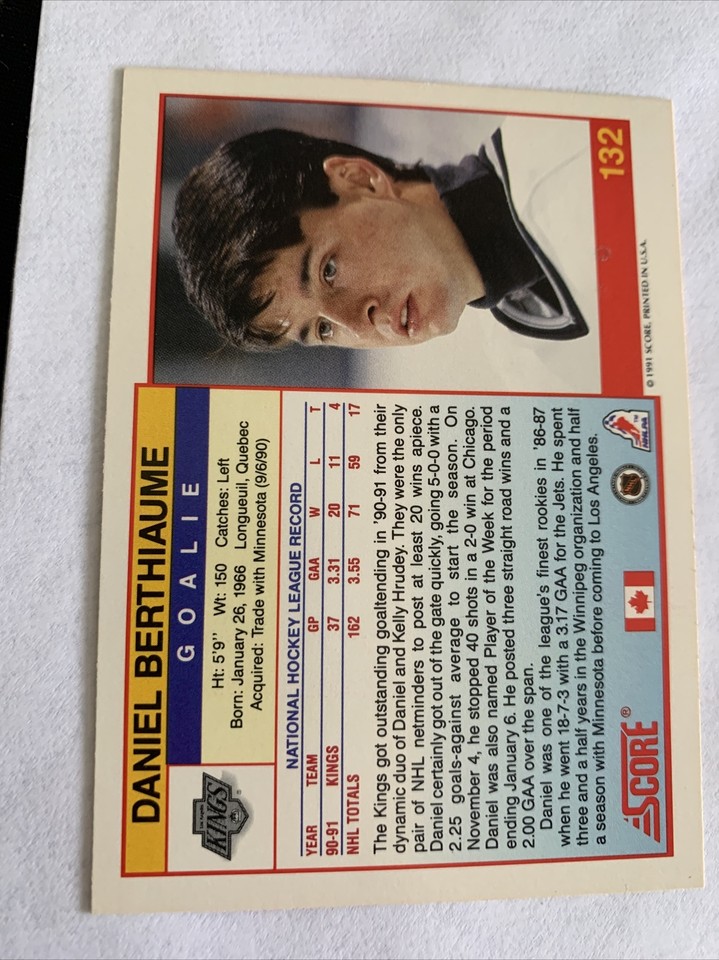1991-92 Score Hockey #132 Daniel Berthiaume Los Angeles Kings NMMt Free ...