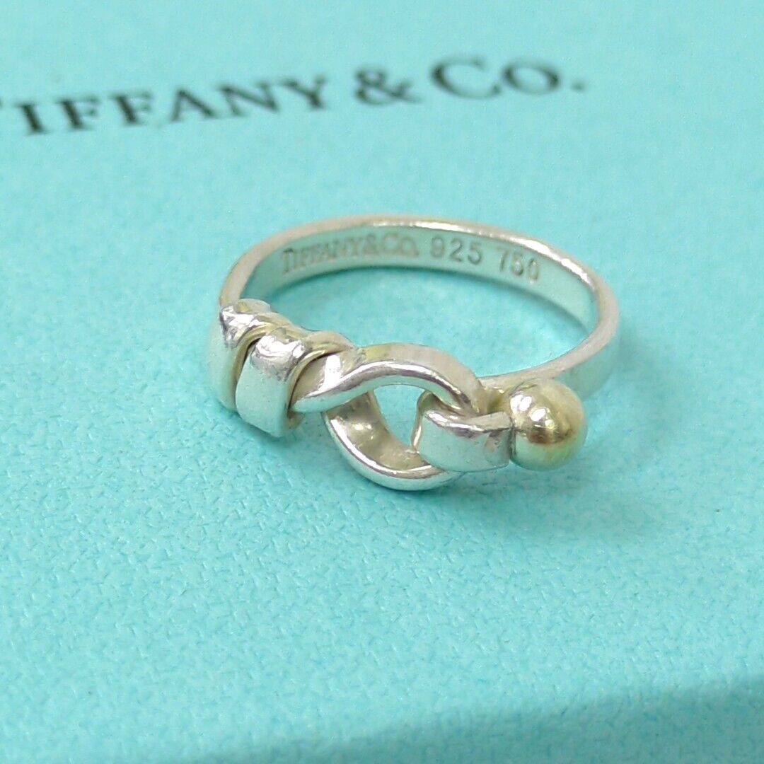 Tiffany Hook & Eye Ring Sterling Silver 925 & 750 Gold Size Tiffany Hook & Eye Ring Sterling Silver 925 & 750 Gold Size