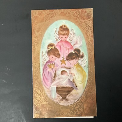 Vintage Christmas Greeting Card Three Adorable Angels Watching Over ...