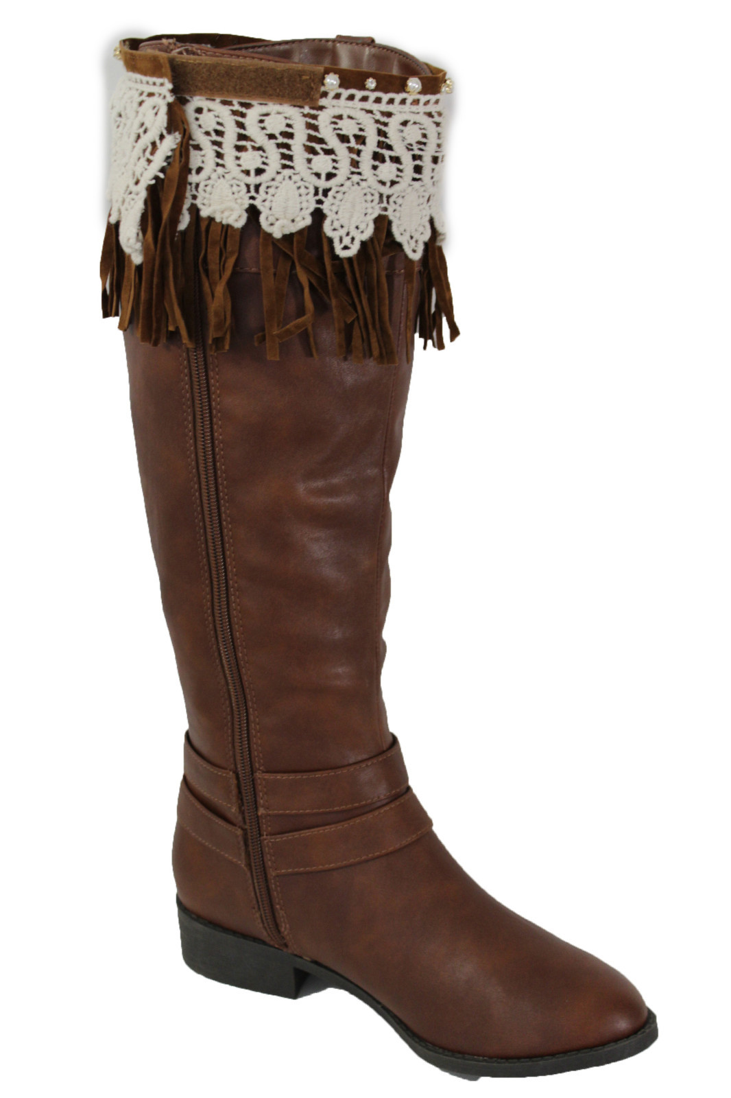 Western Women Boot Toppers Boho Long Brown Faux Leather Fringes Knee ...