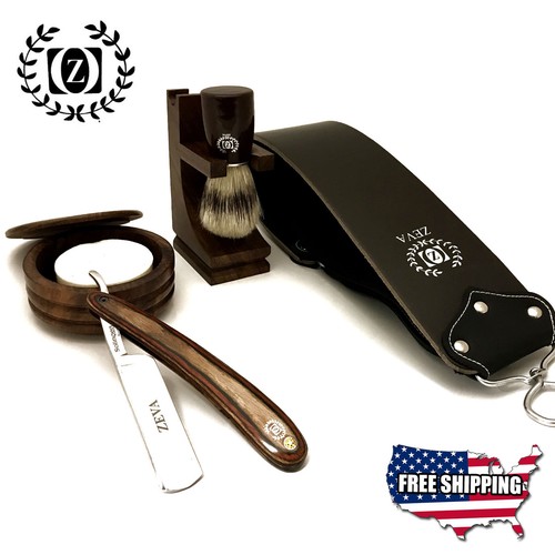 Wet Shaving Set/Kit- Straight Razor Strop Brush Cup Stand 6 Pc Wooden ...