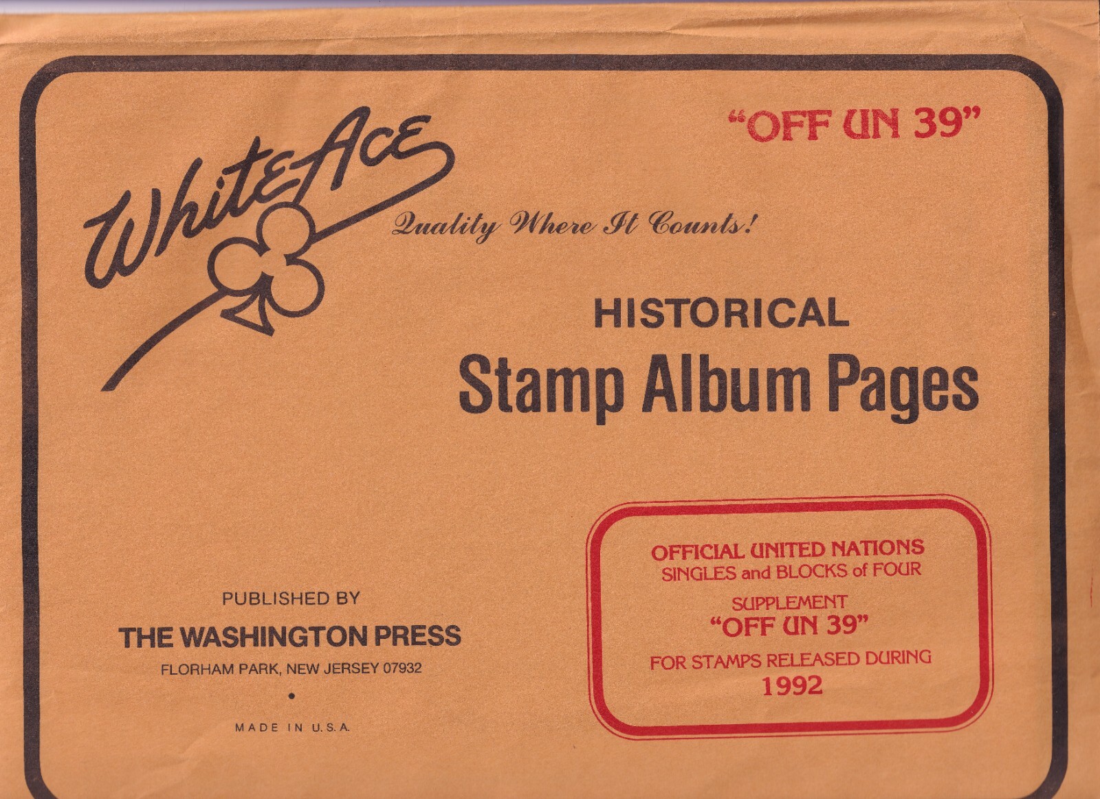 White Ace Stamp Album Pages - United Nations Official - 1992 - OFF-UN ...