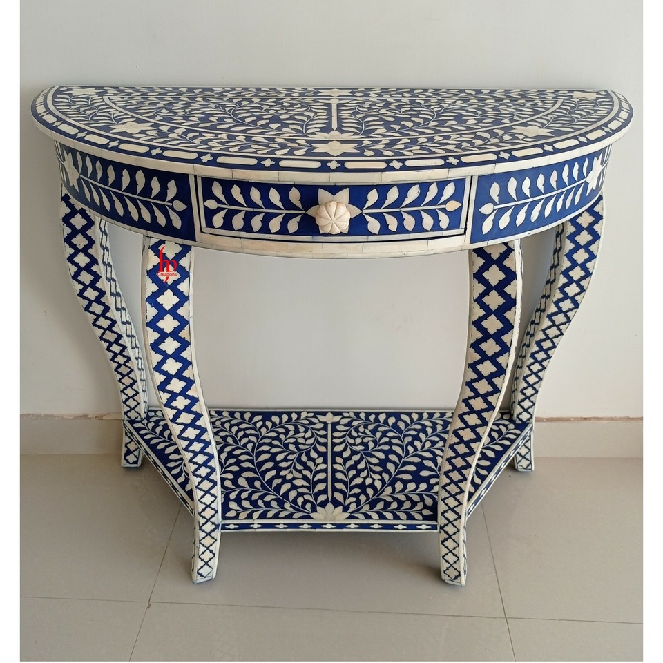 Handmade Bone Inlay Semi Round Floral Pattern Console Table for Home ...
