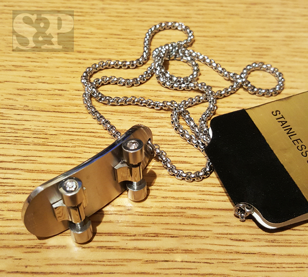 New Stainless Steel Skateboard CZ Charm Pendant w/ 24" Round Box Chain ...