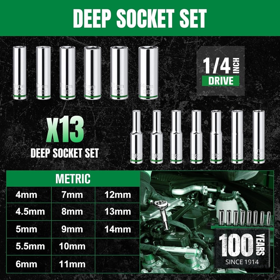 SK 1/4"" Drive Socket Set, Deep Metric Sockets, 13-Piece 4-14mm ...