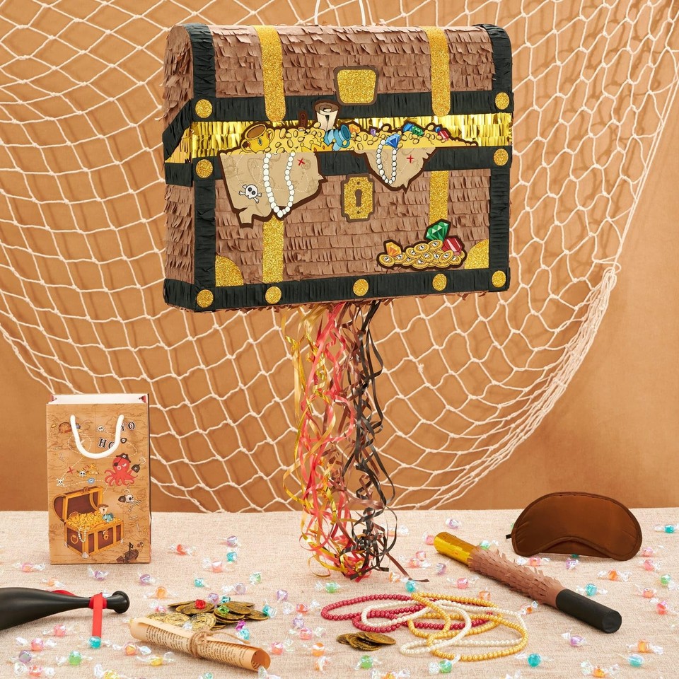 Pirate Treasure Chest Piñata - Pull String Party Game for Kids and ...