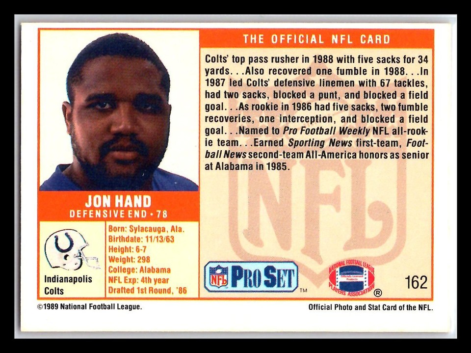 1989 Pro Set #162 Jon Hand | eBay