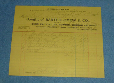 1886 Bartholomew & Co. Fish, Provisions, Butter Cheese Salt NY Billhead ...