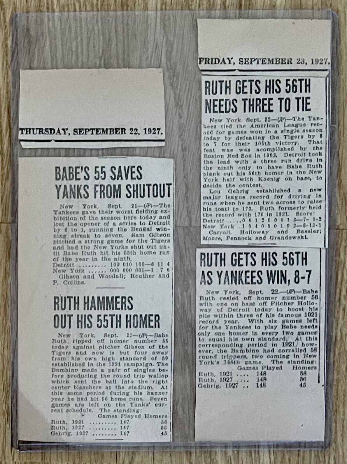 1927 BABE RUTH HRS #55/#56 OF ICONIC 60 HR SEASON NEWSPAPER ...