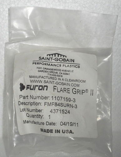 Saint-Gobain 1107159-3 Furon Flare Grip II PFA RDC Union Conn 1/4" x 1/ ...