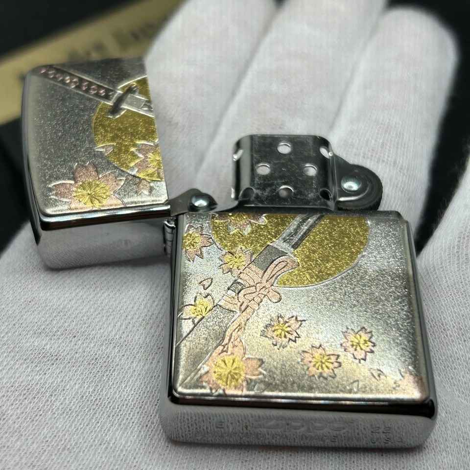 Zippo Lighter Japanese Sword Samurai Sakura Silver Electroformed Plate ...