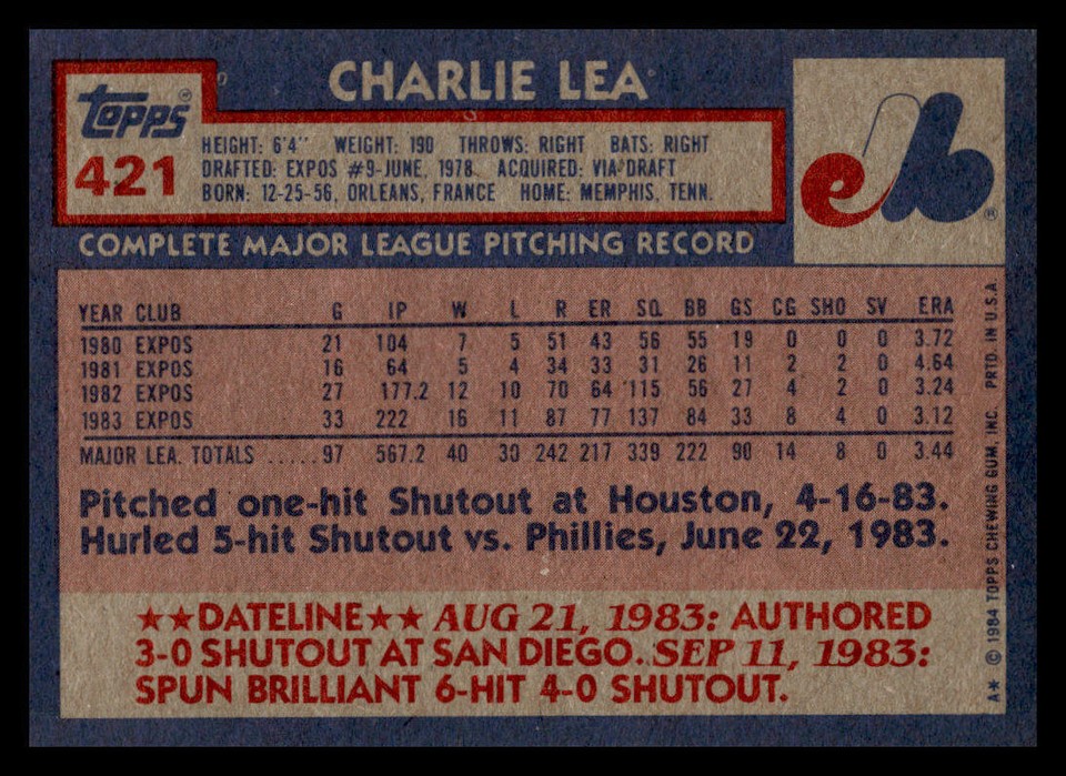 1984 Topps Charlie Lea #421 Montreal Expos | eBay