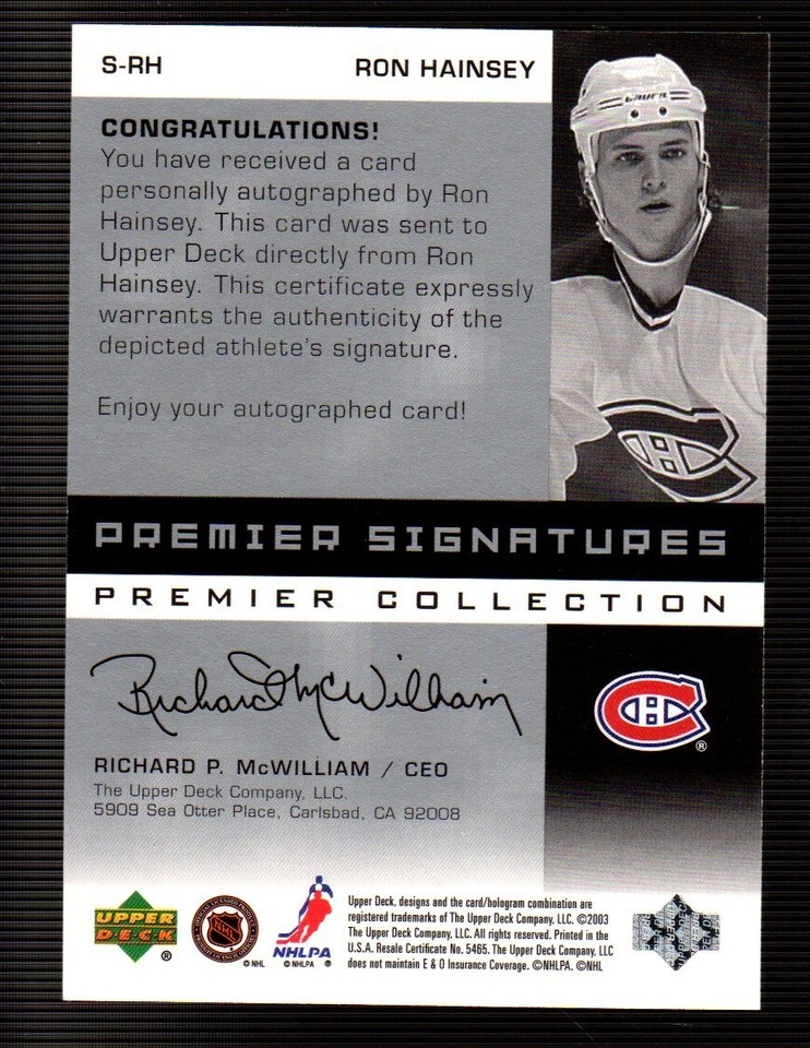 Ron Hainsey AUTOGRAPH SERIAL #72/125 MONTREAL CANADIENS 2002-03 Upper ...