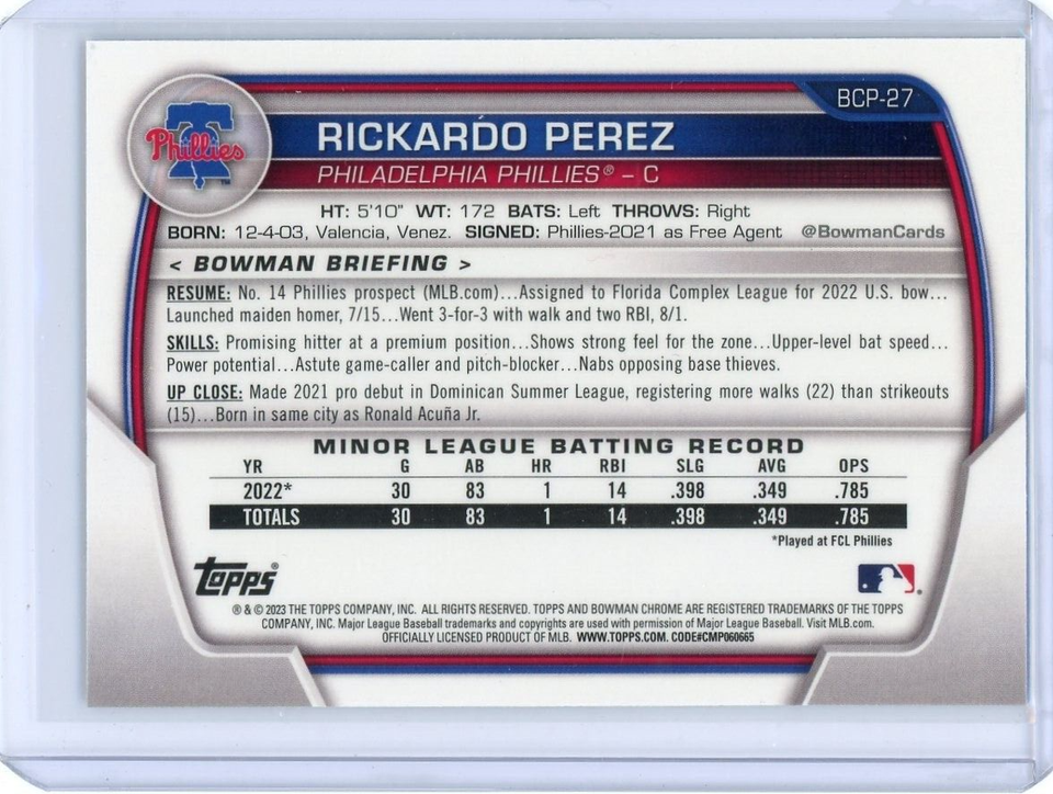 Rickardo Perez 1st Prospect 2023 Bowman Chrome Base BCP-27 Philadelphia ...