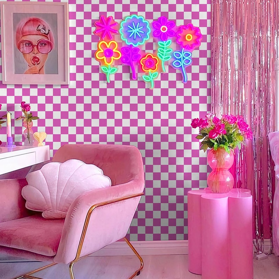 Amiya Checkered Wallpaper Peel and Stick Hot Pink Checkerboard Contact ...