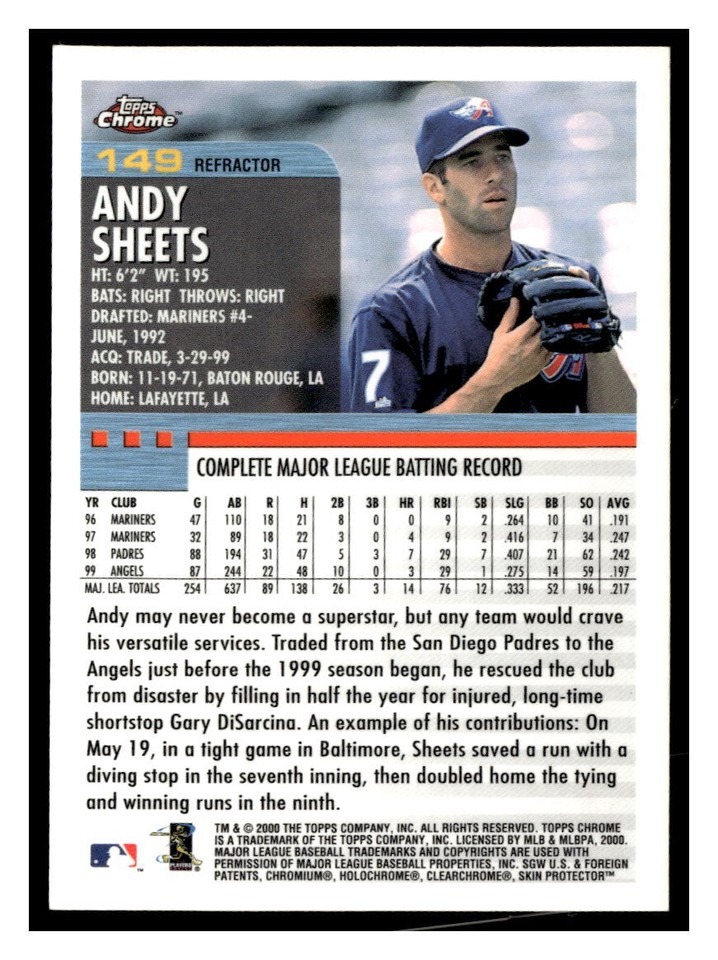 Andy Sheets 2000 Topps Chrome Refractor 149 | eBay