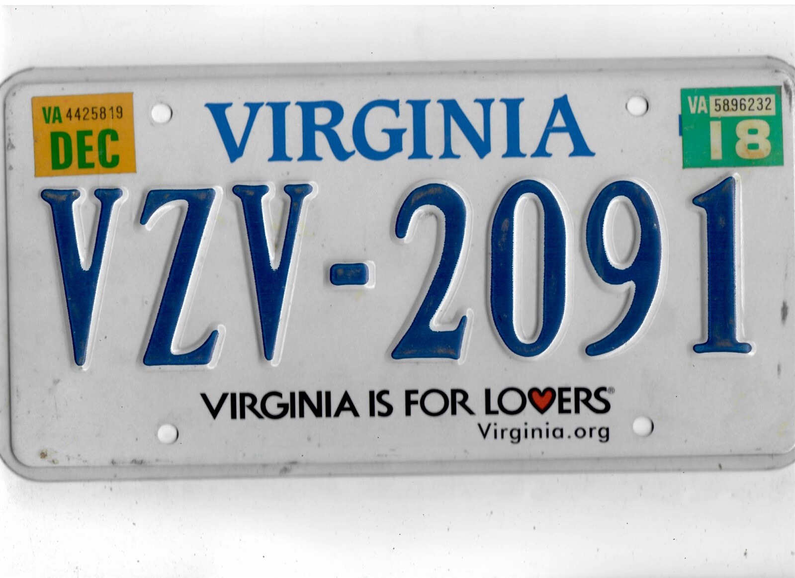 VIRGINIA passenger 2018 license plate "VZV-2091" ***NATURAL*** | eBay