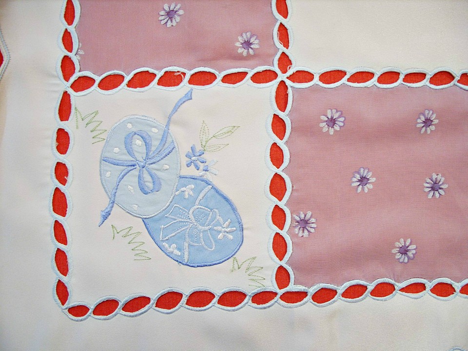 VINTAGE AUTHENTIC EASTER EGGS ART CUT EMBROIDERY CHIFFON WHITE BLUE ...