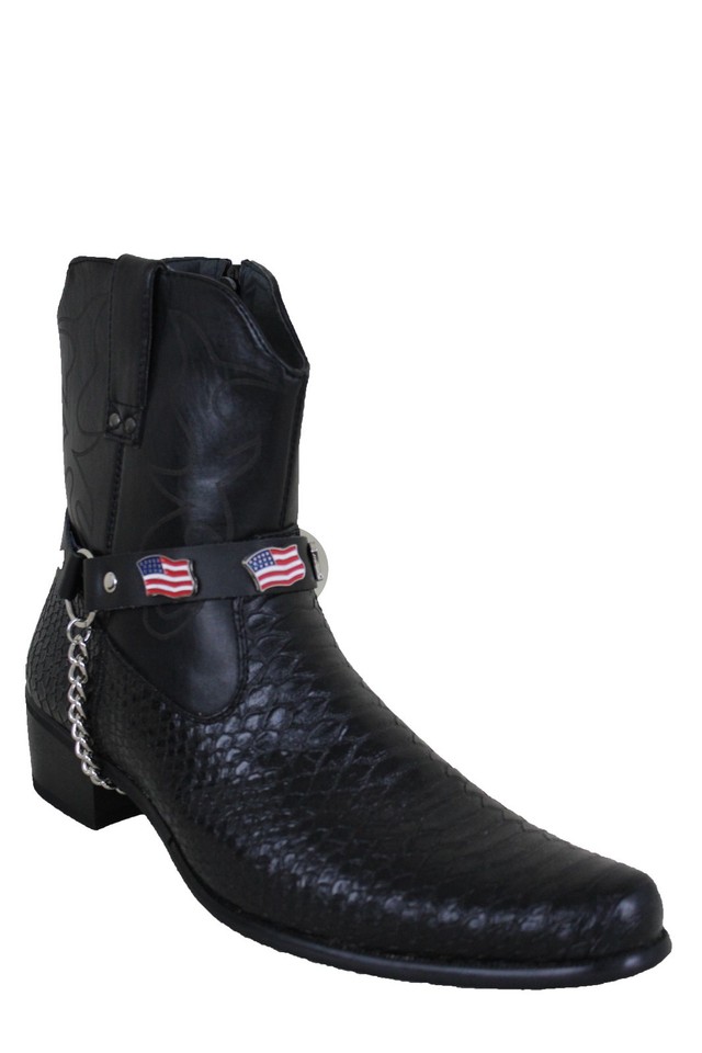 Men USA Flag Metal Silver Chains Fashion Western Shoe Boots Black Strap ...