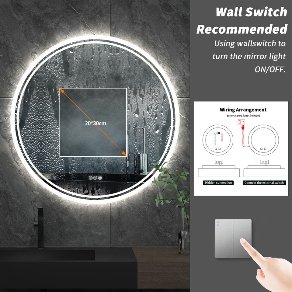 Bathroom Mirror Round Large Fogless LED Light Backlit HD Vanity Mirror ...