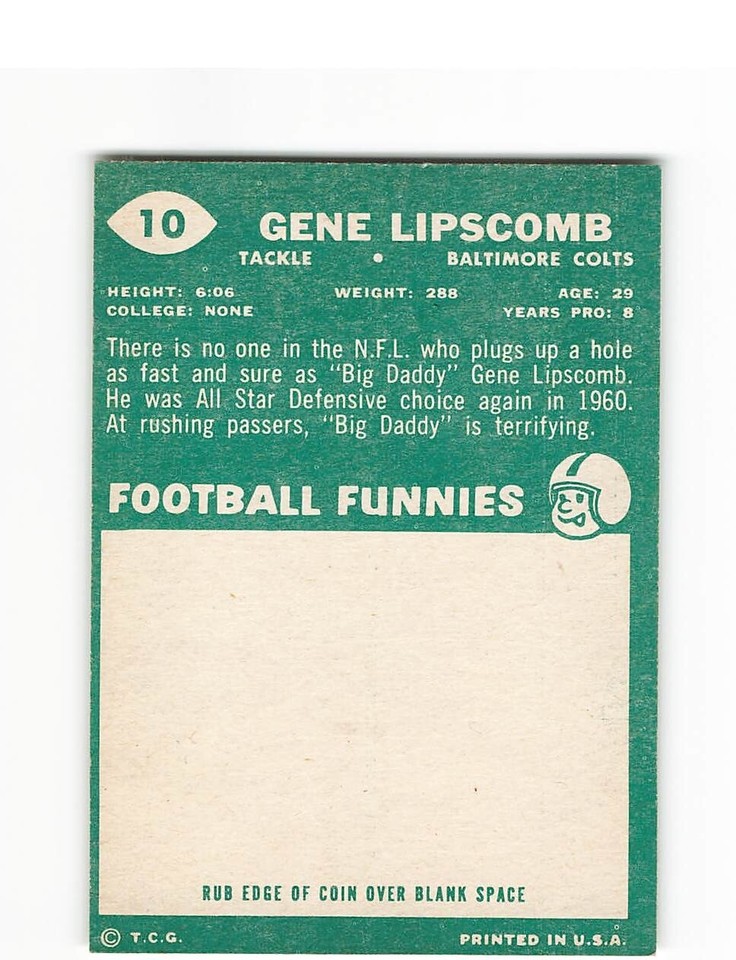 1960 TOPPS FOOTBALL GENE LIPSCOMB #10 BALTIMORE COLTS HIGH GRADE LOOKS ...