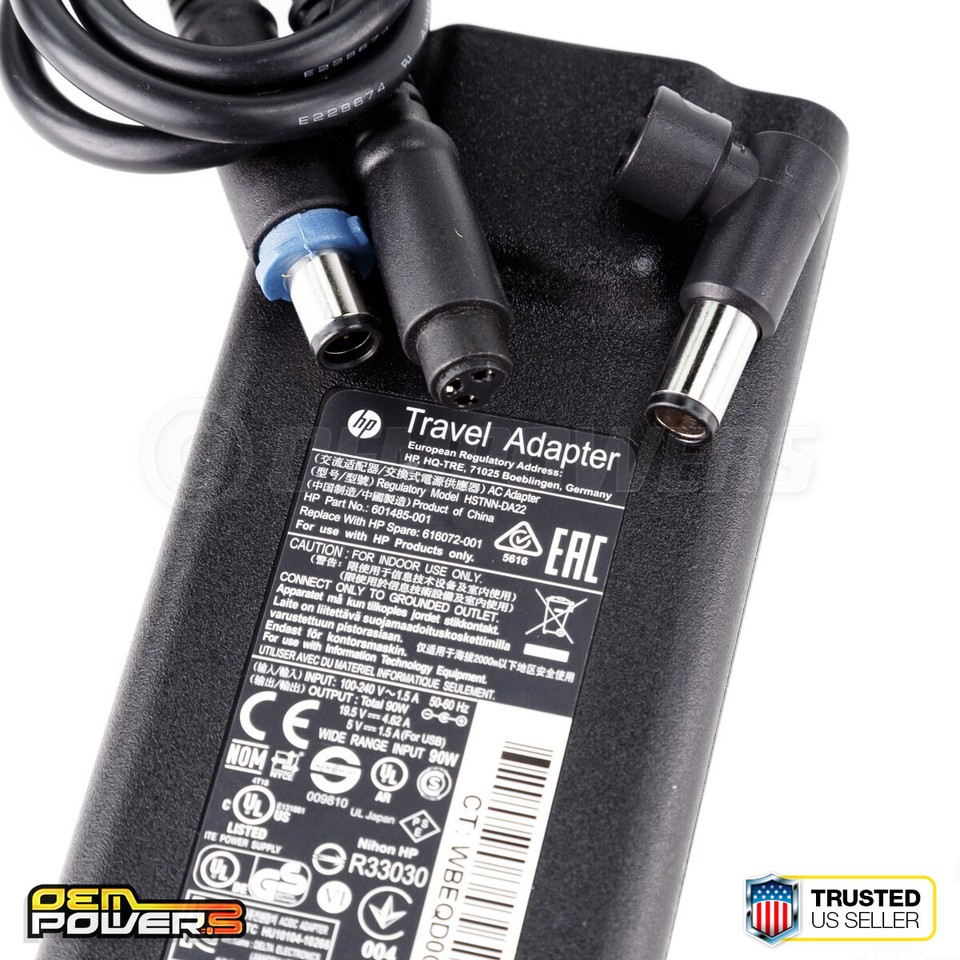 GENUINE HP Travel Adapter 90W + USB AC Power Charger HSTNN-DA22 616072 ...