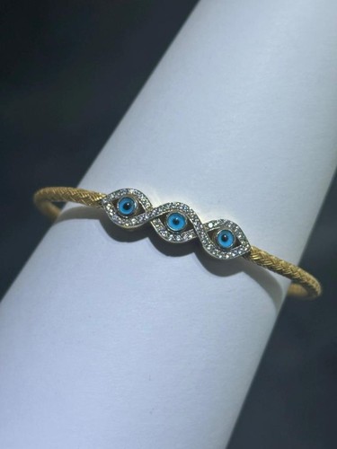 18k Gold Sterling Silver White Sapphire Pave Evil Eye Stack Bangle Bracelet 7" | eBay Australia